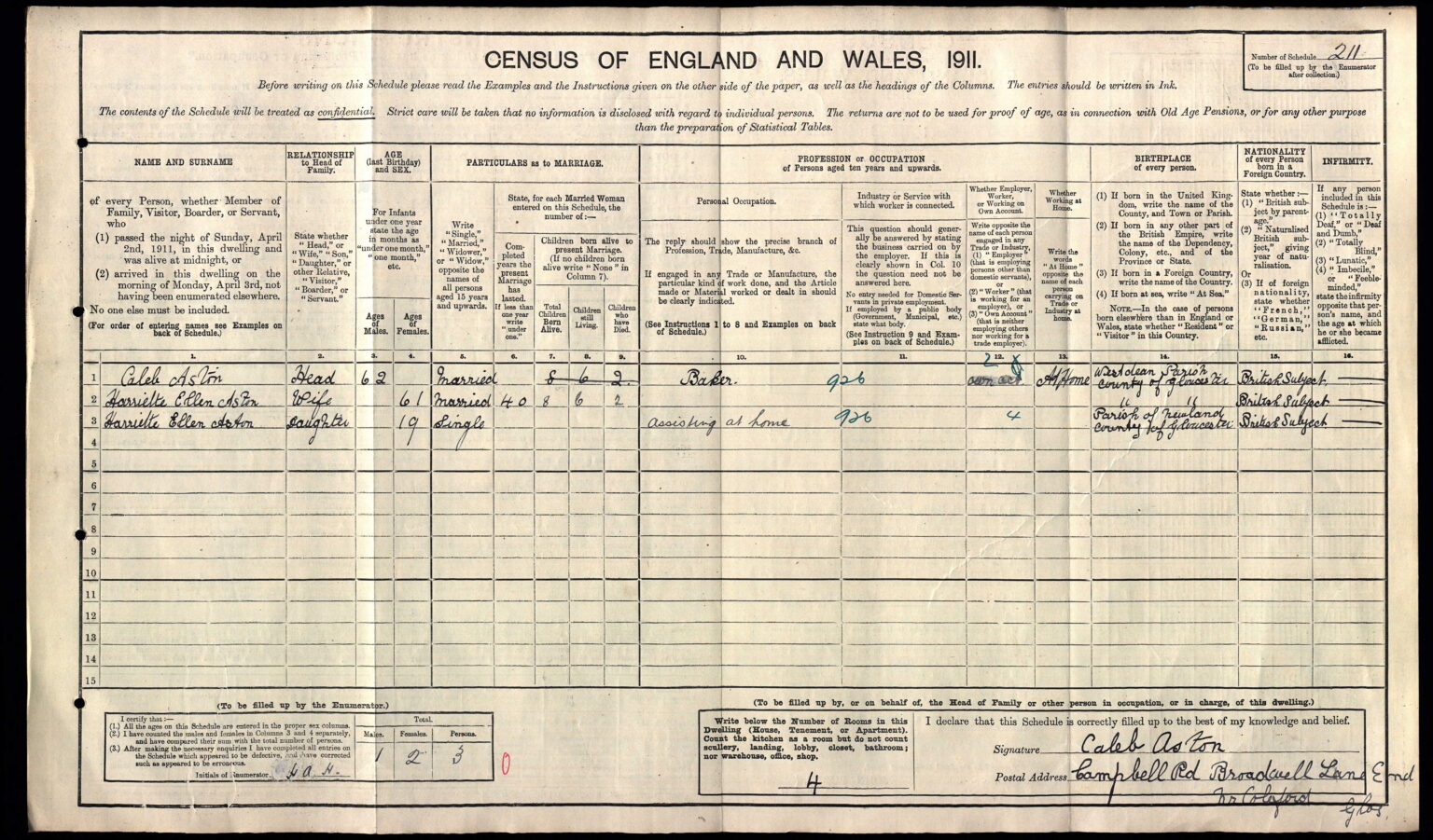 Caleb Aston 1911 Census - Family Genealogy Research